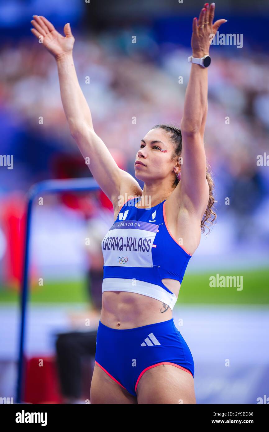 Auriana Lazraq-Khlass participating in the long jump at the Paris 2024 ...