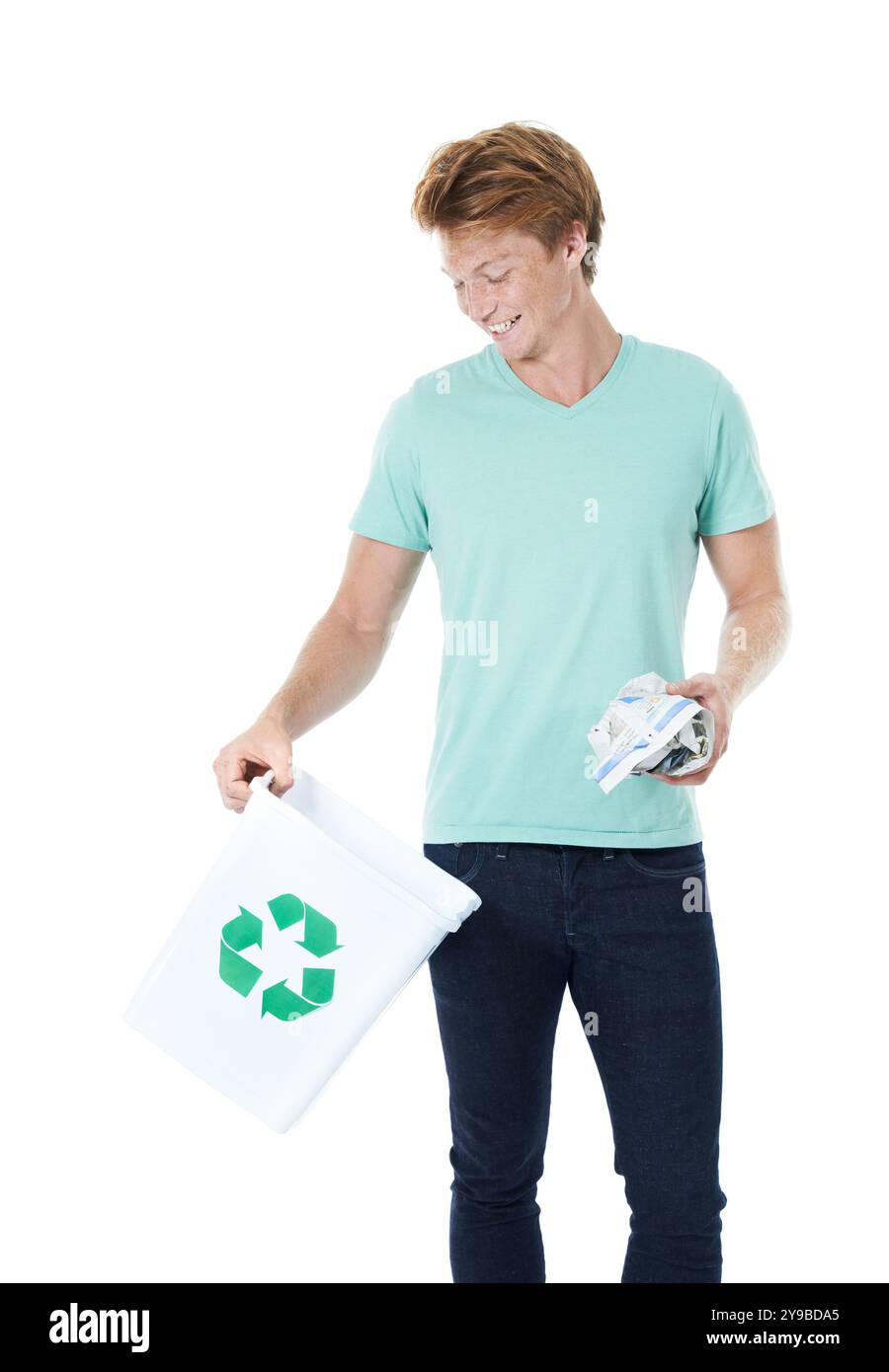 Happy man, recycling and paper with bin for global warming on a white ...