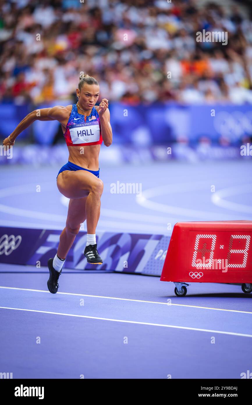 Anna Hall participating in the long jump at the Paris 2024 Olympic ...