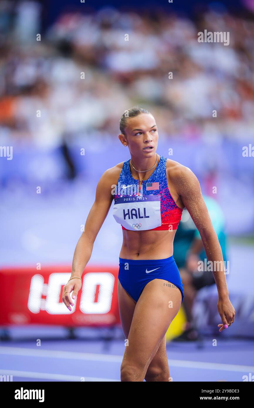 Anna Hall participating in the long jump at the Paris 2024 Olympic ...