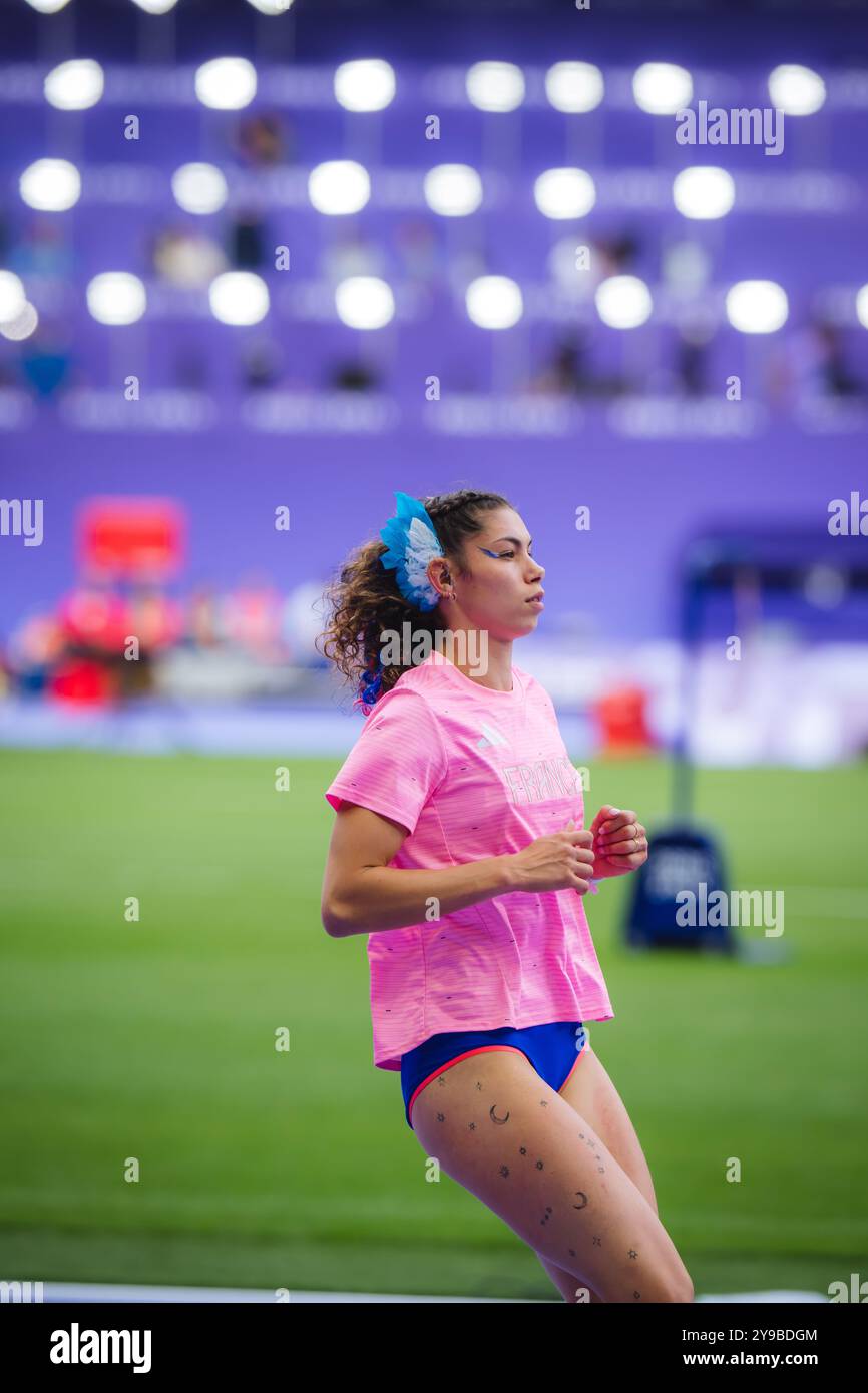 Auriana Lazraq-Khlass participating in the long jump at the Paris 2024 ...