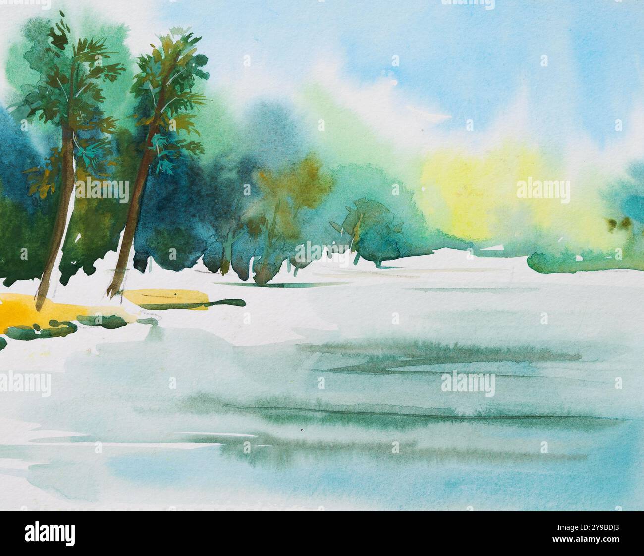 Beautiful scenery of a park with blue sky and trees reflection on water ...