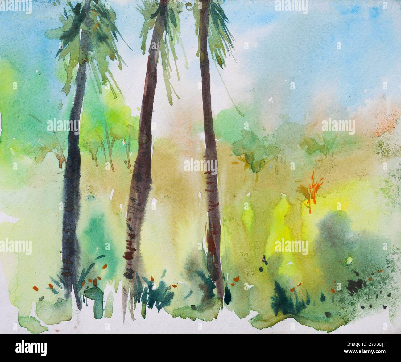 Nice watercolor painting three coconut trees. Indian hand painted ...