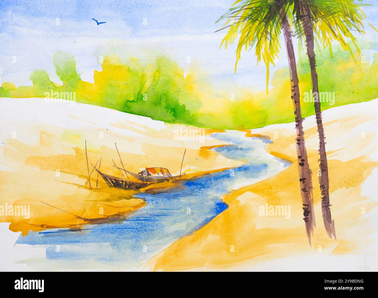 Nice watercolor painting of a river with yellow sand riverbed and two ...