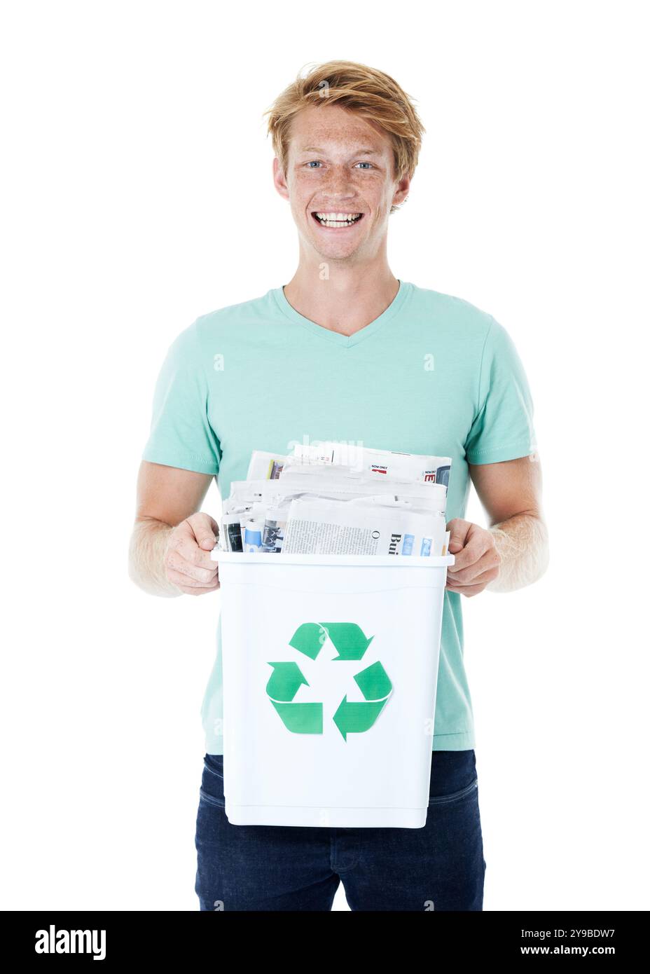 Man, volunteer and garbage bin for recycling, green activism and ...