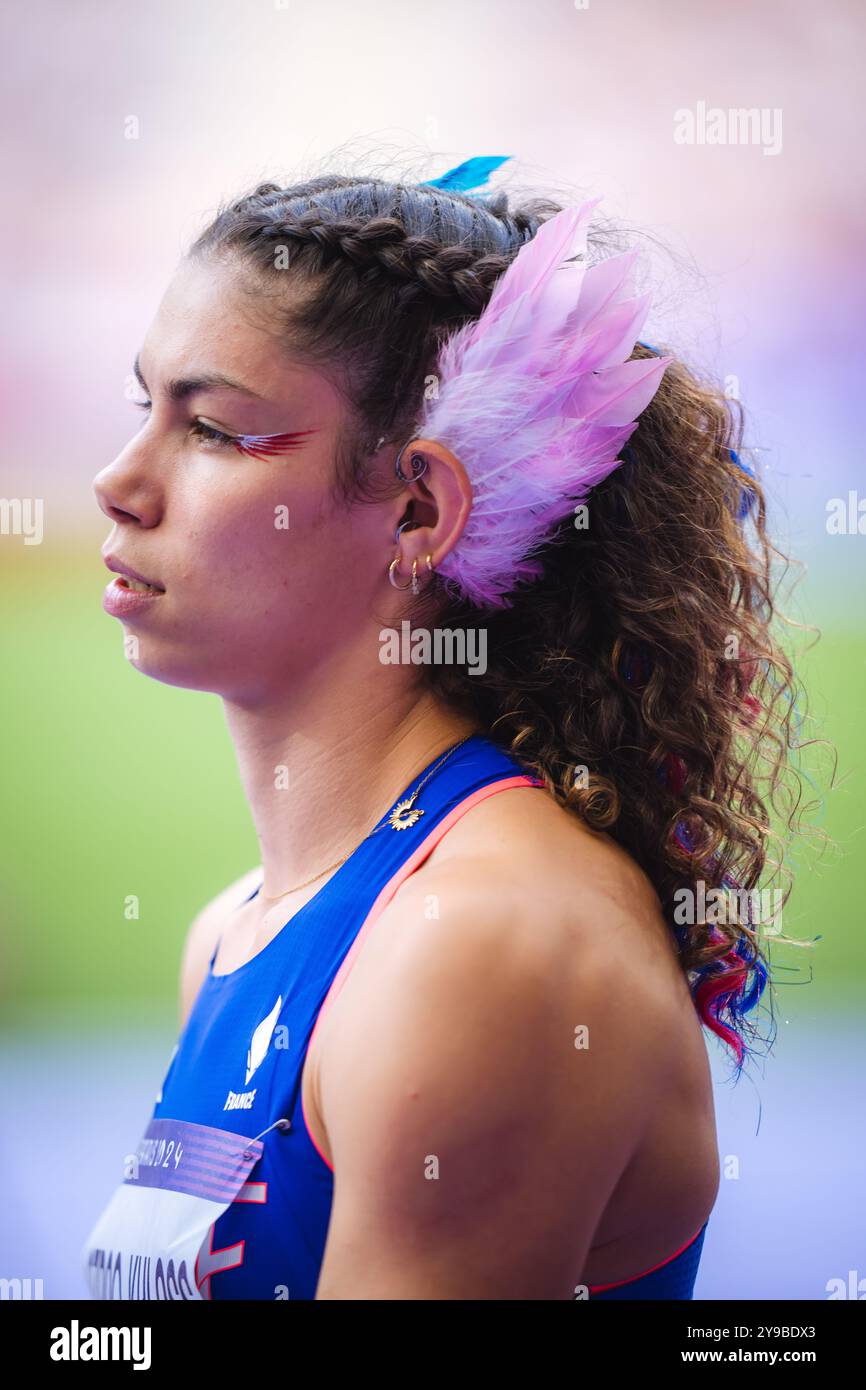 Auriana Lazraq-Khlass participating in the long jump at the Paris 2024 ...