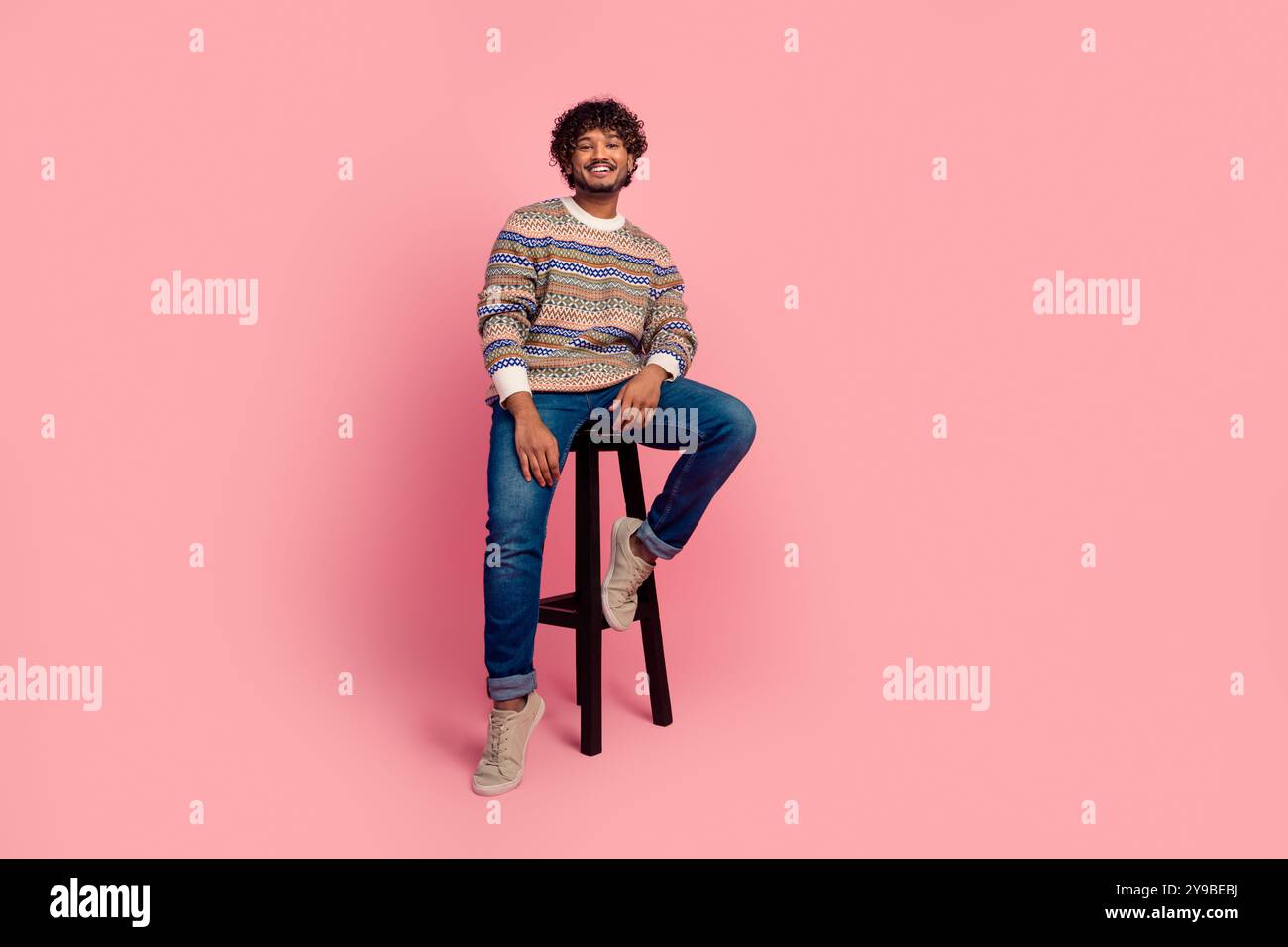 Full body photo of nice young man sit stool empty space isolated on ...