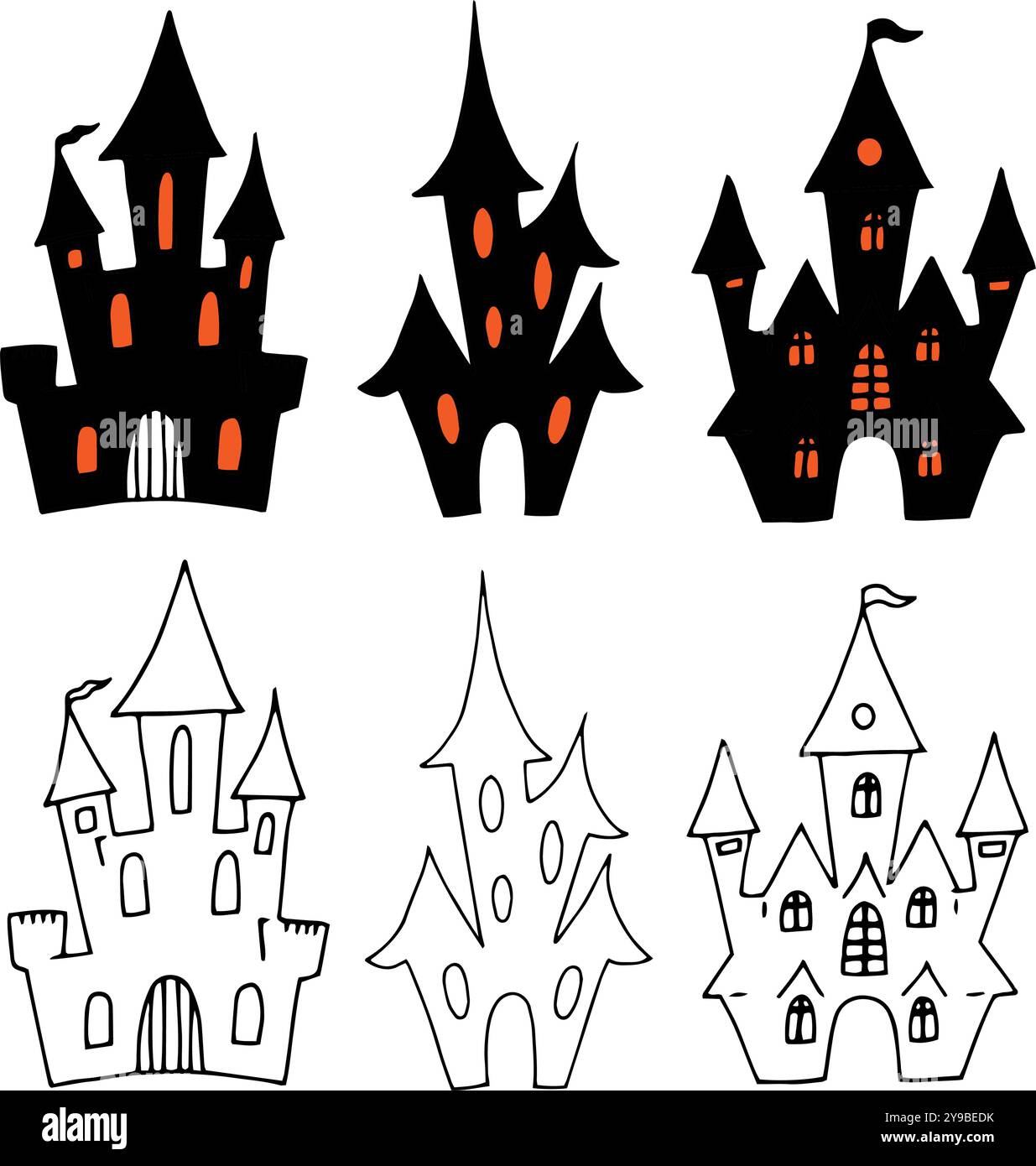 Set of haunted house silhouettes. Black and orange outline drawing for ...