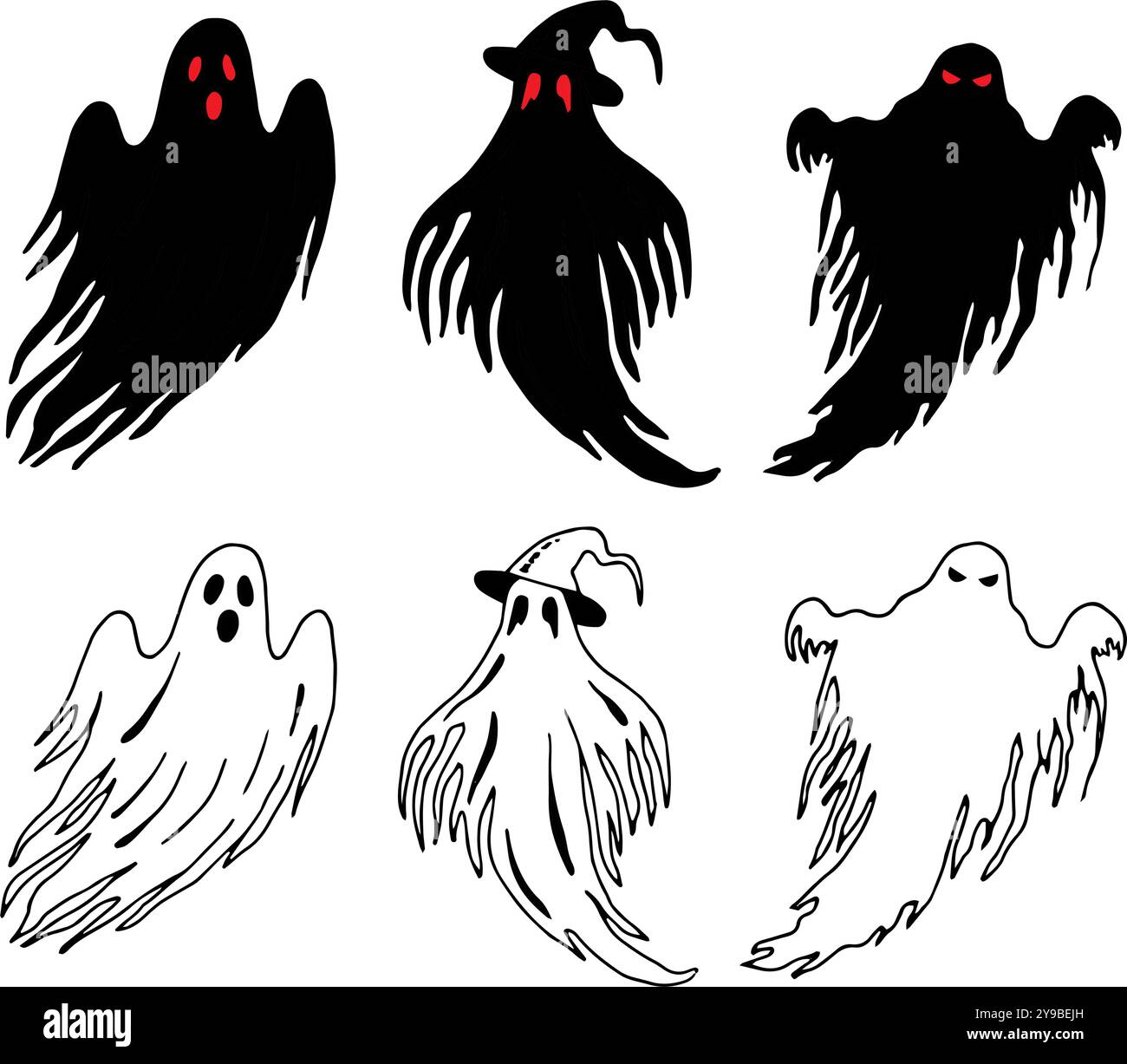 Set of scary ghosts. Halloween graphic illustration. Hand drawn black line silhouette ...