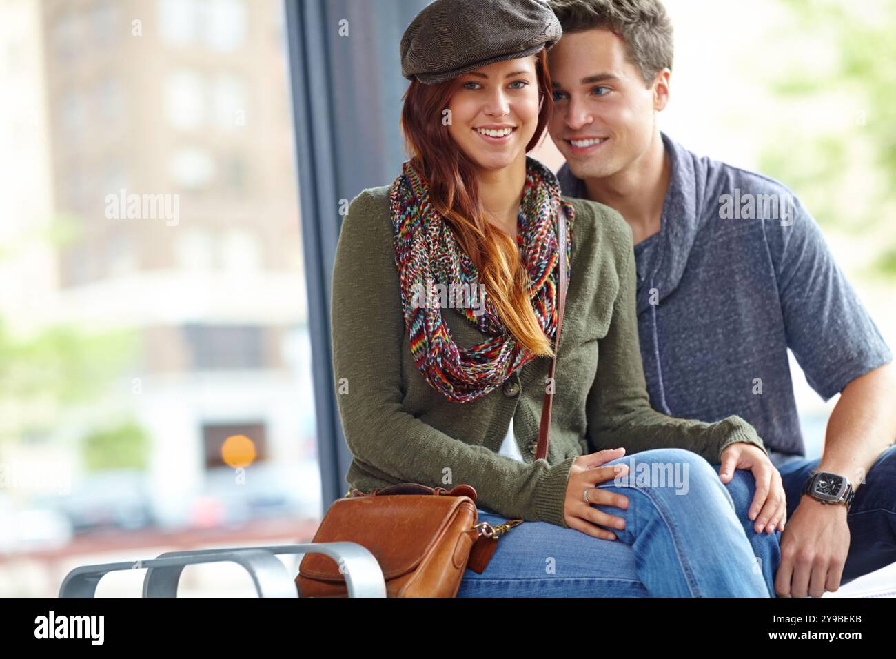 Travel, relax and portrait with couple at bus station. for holiday ...