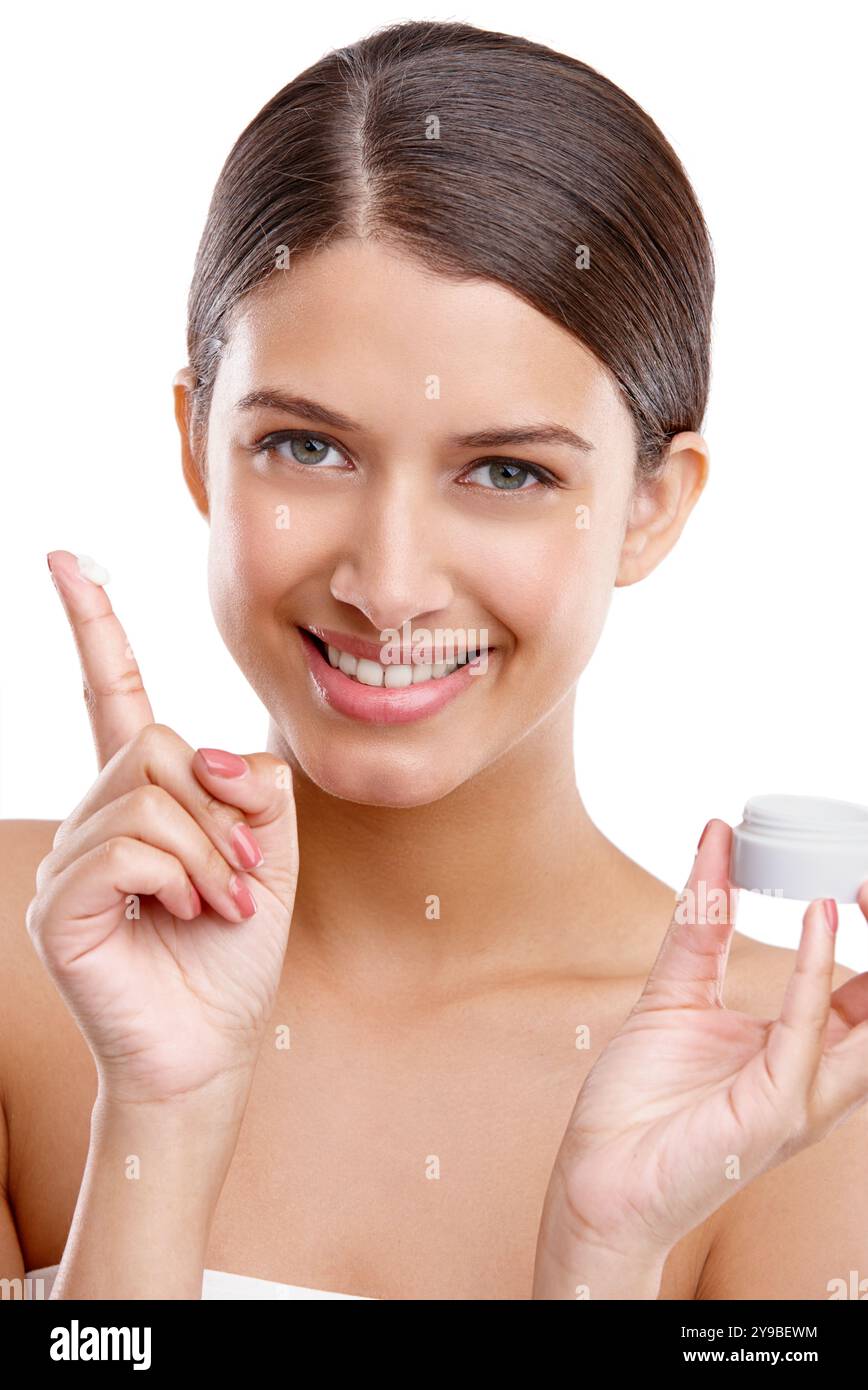 Portrait, moisturizer and woman with product, smile and cosmetics for ...
