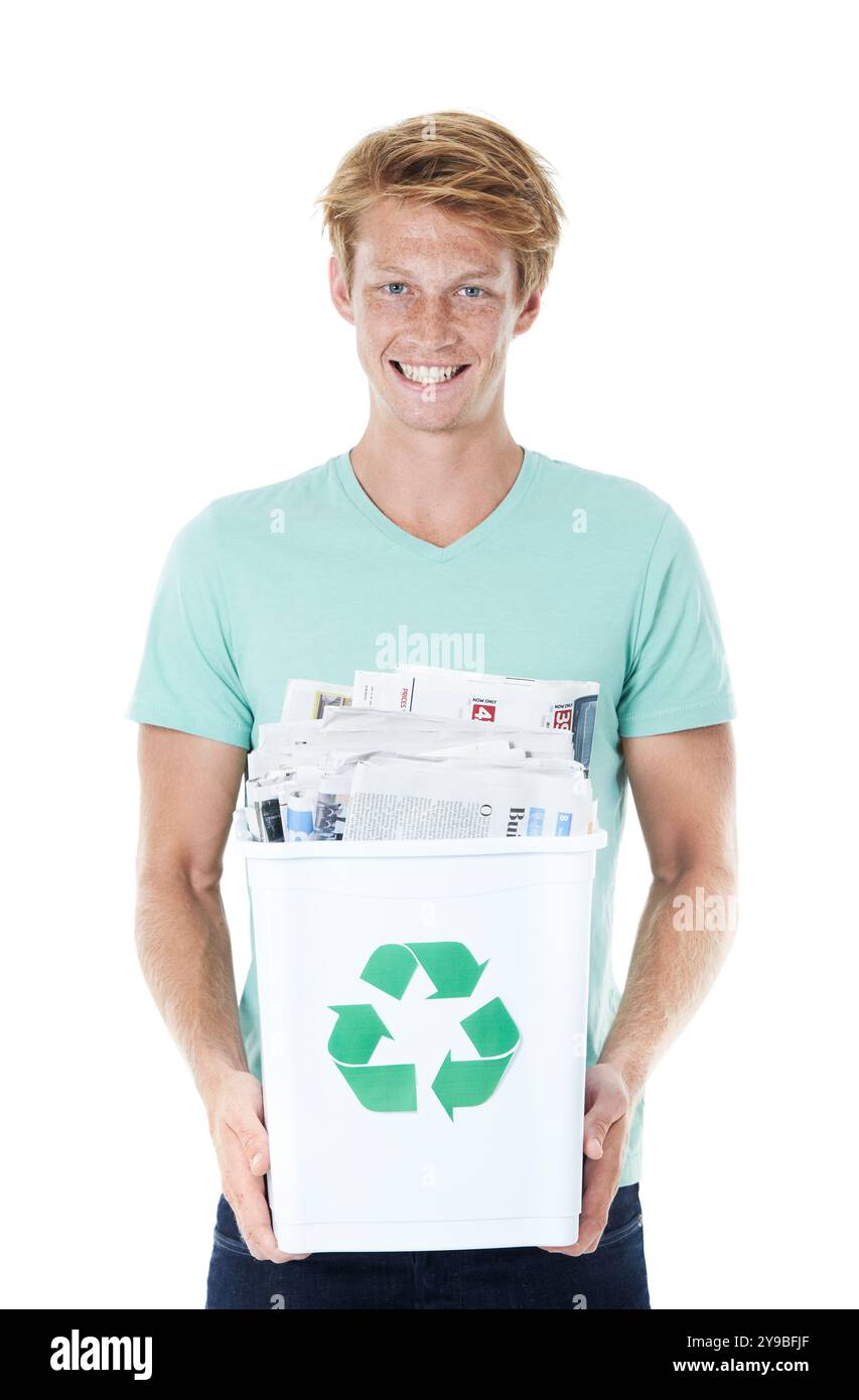 Man, volunteer and trash bin for recycling, green activism and ...