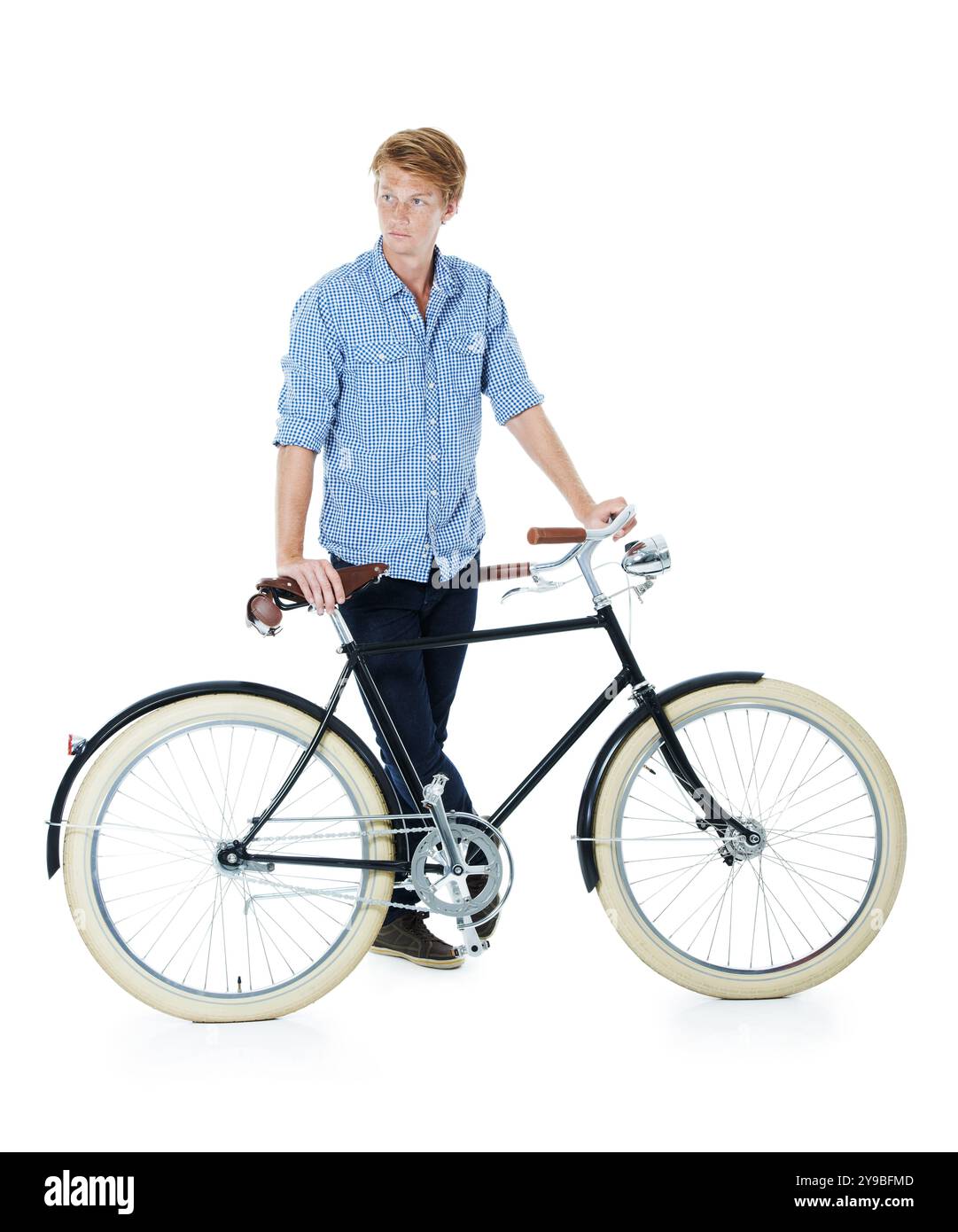 Thinking, man and bicycle for transportation, calm and model isolated ...