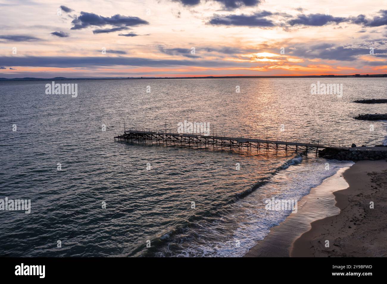 Aerial view of sunset over the beach in sea resort Ravda, Burgas ...