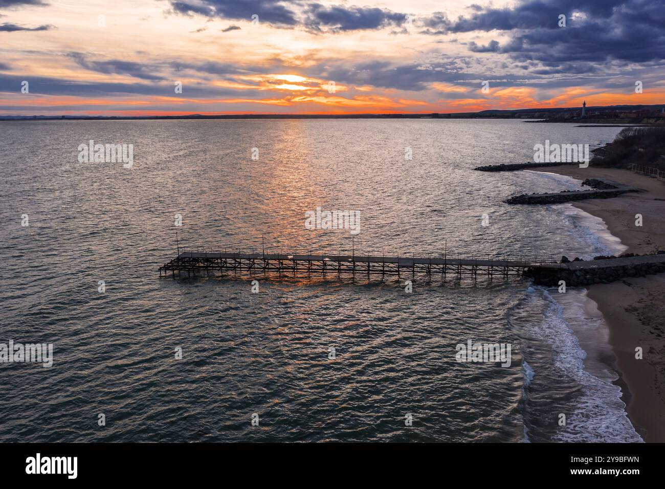 Aerial view of sunset over the beach in sea resort Ravda, Burgas ...
