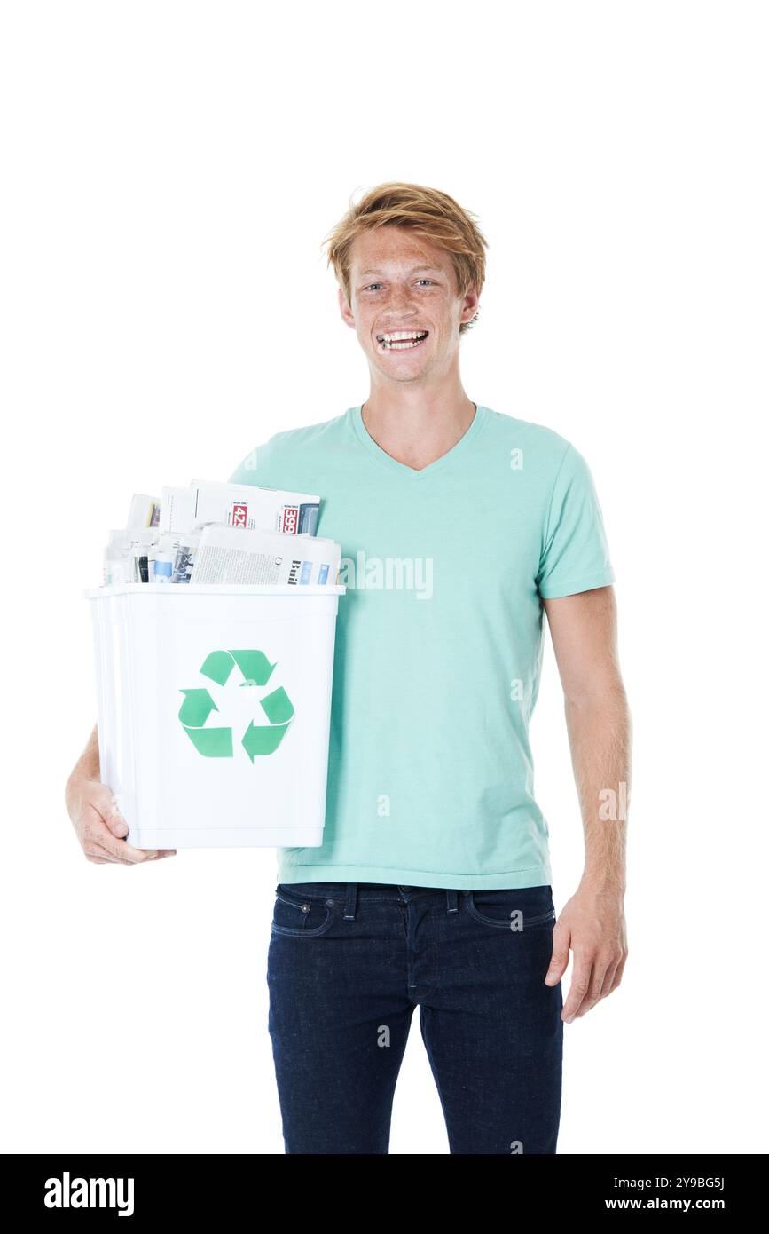 Man, volunteer and recycling bin for trash, climate change and ...