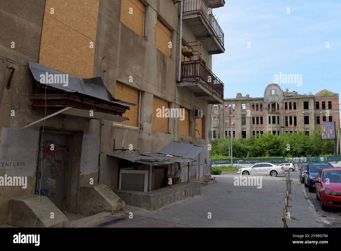 Shrapnel damage to buildings in the city centre of Kharkiv, NE Ukraine ...