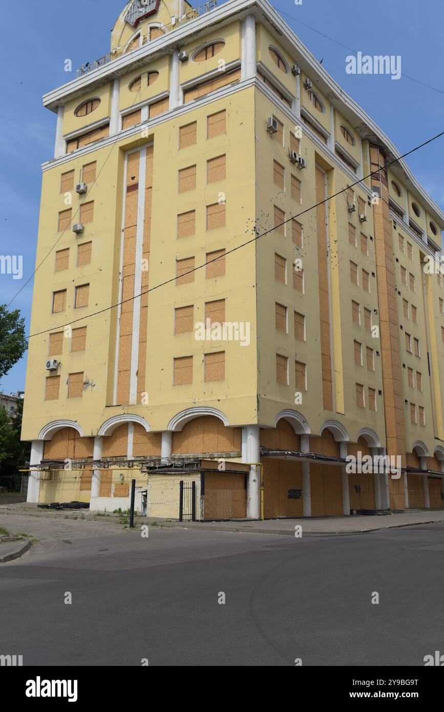 Shrapnel damage to buildings in the city centre of Kharkiv, NE Ukraine ...
