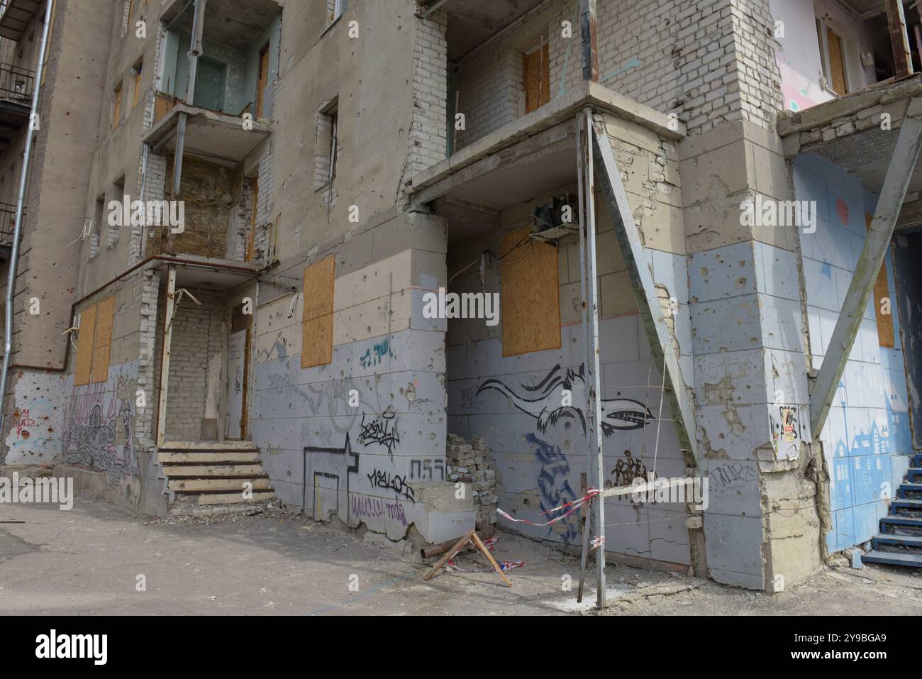 Shrapnel damage to buildings in the city centre of Kharkiv, NE Ukraine ...