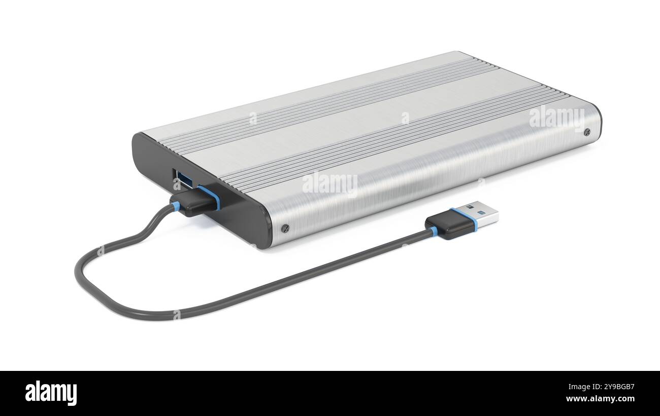 External storage unit with USB cable isolated on white background. 3D ...