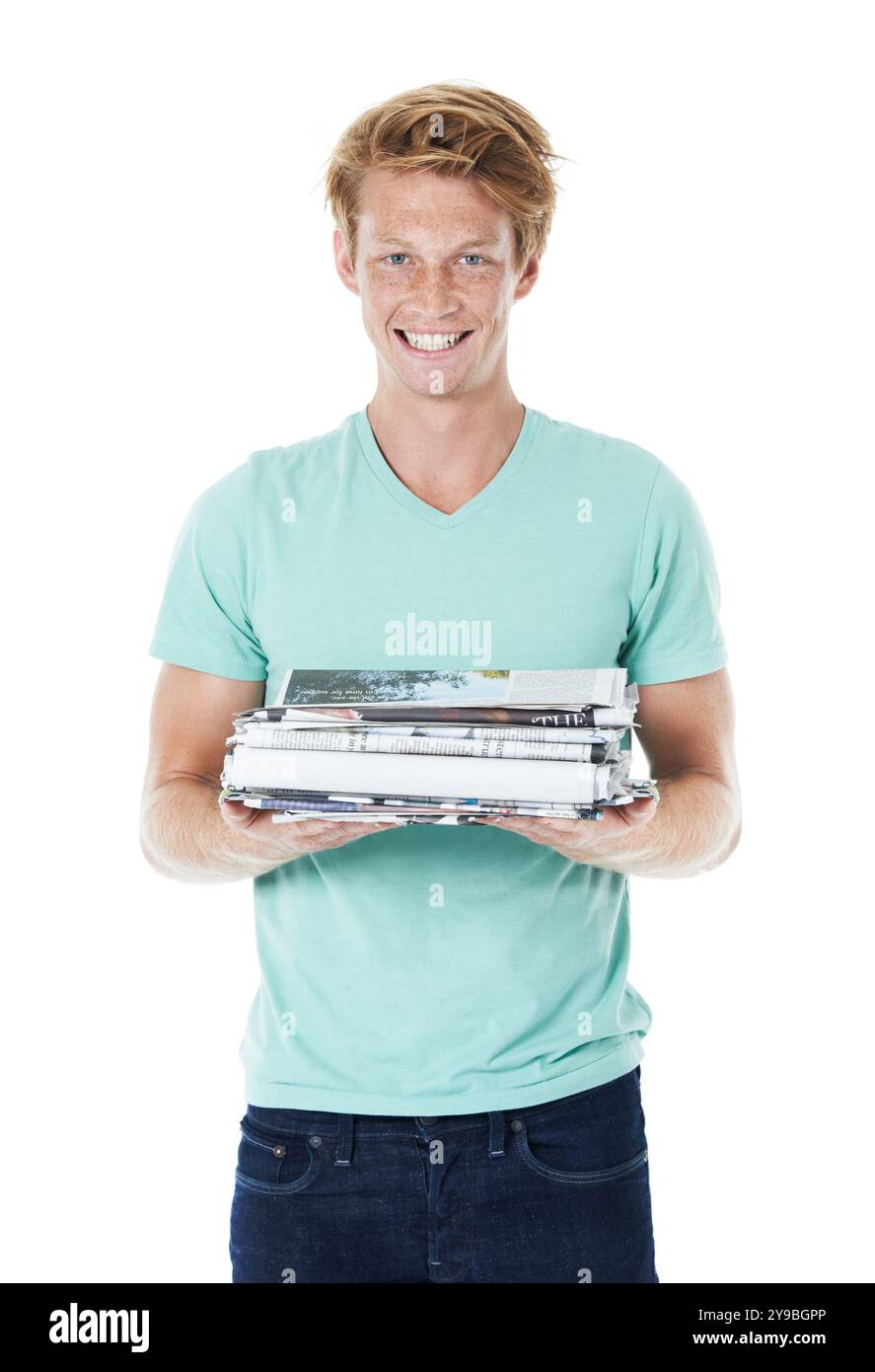 Happy man, portrait and newspaper with books for recycling, global ...