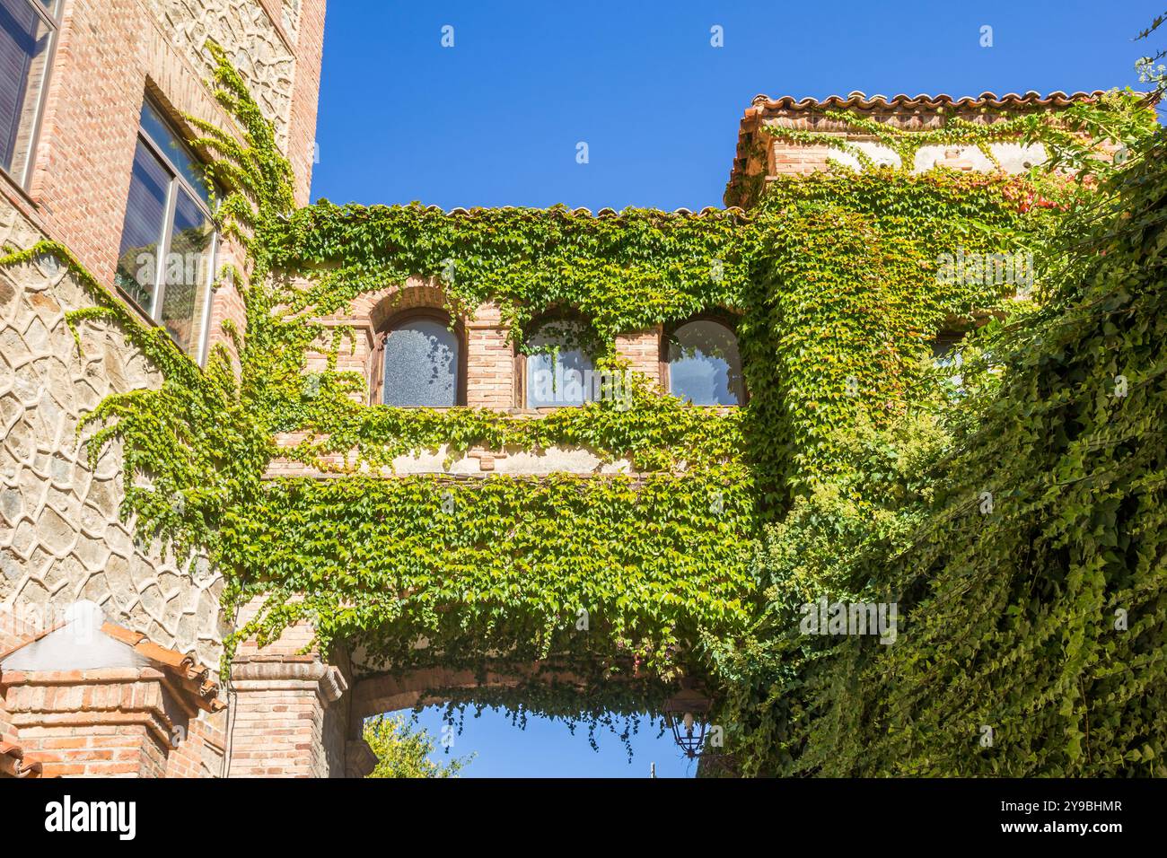 Bridge between two houses covered in climbing ivy in Segovia, Spain ...