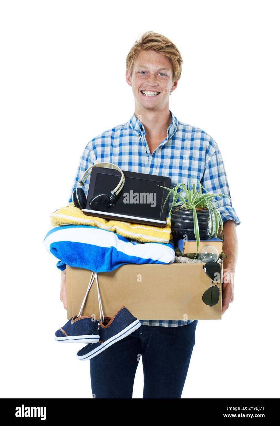 Happy man, portrait and box with gear for new job, moving in or ...