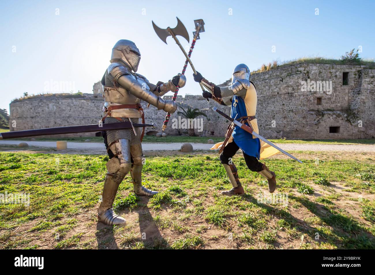 Two medieval knights battle each other in a fight as part of the Rhodes ...