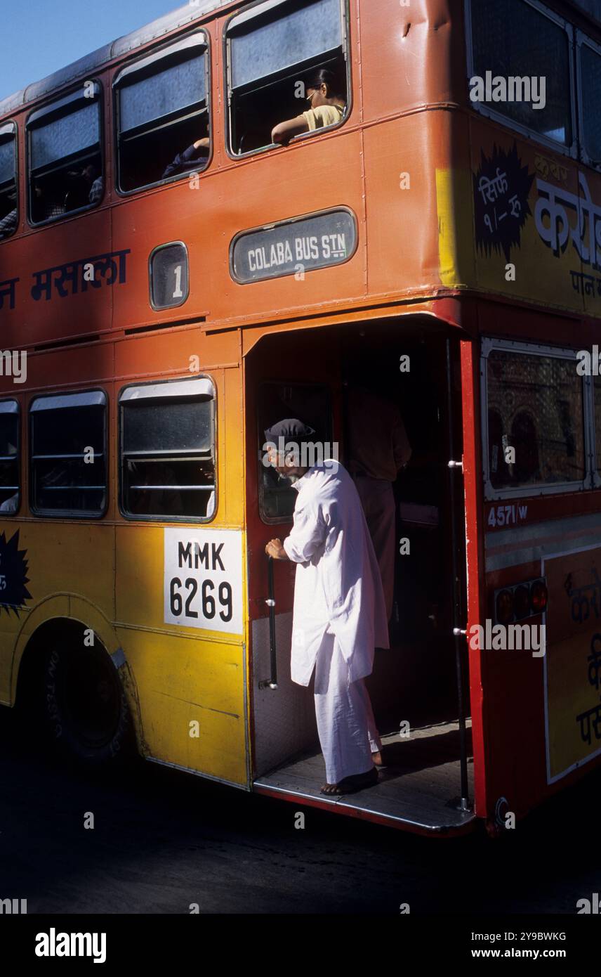 India, Mumbai, Red double-decker Ashok Leyland buses provide cheap and ...