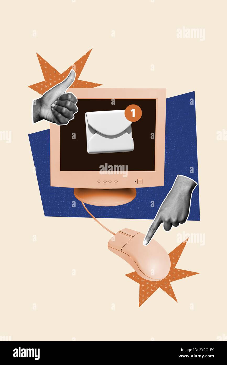 Vertical photo collage of hands point pc monitor letter notification ...