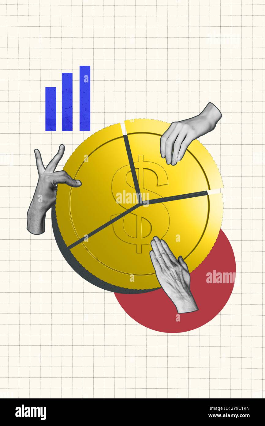 Vertical photo collage of hands hold golden coin income dollar ...