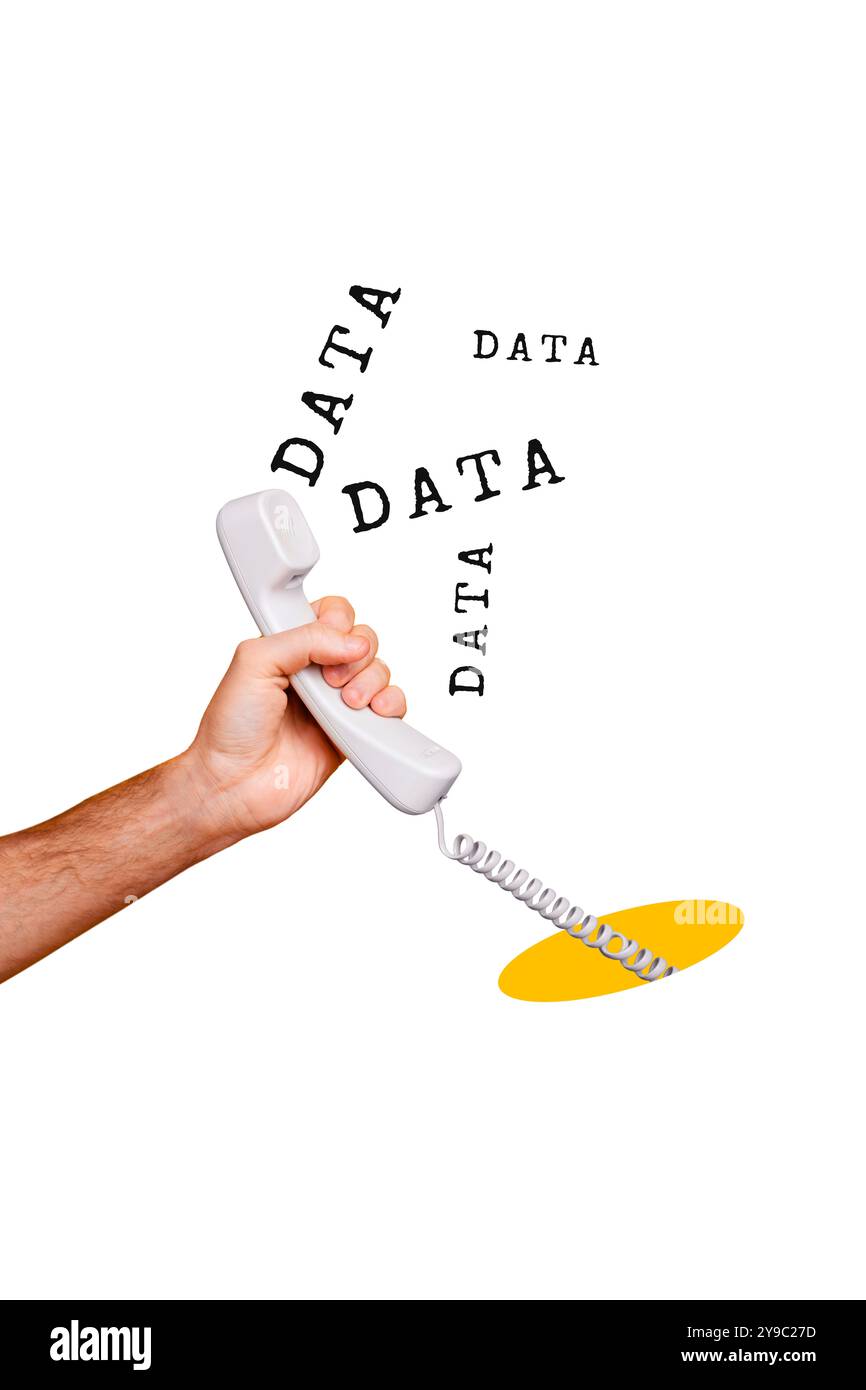 Vertical collage hand body fragment hold telephone call landline listen ...