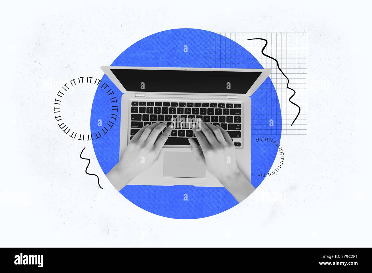 Creative collage picture hands body fragments typing laptop digital device remote work keyboard ...