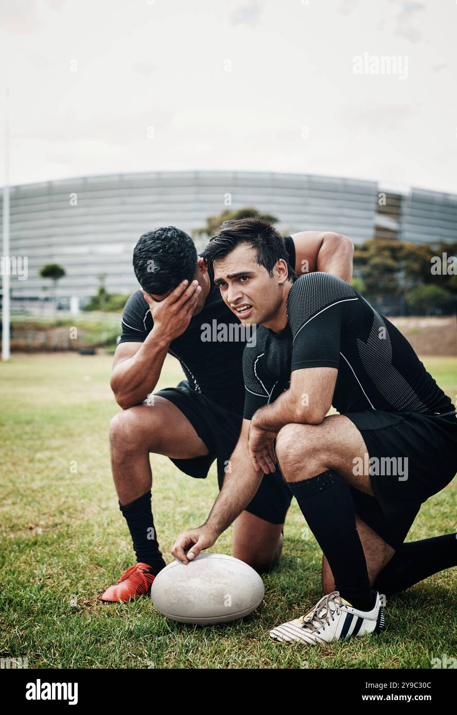 Rugby, sad and men on field for loss in competition, tournament and ...