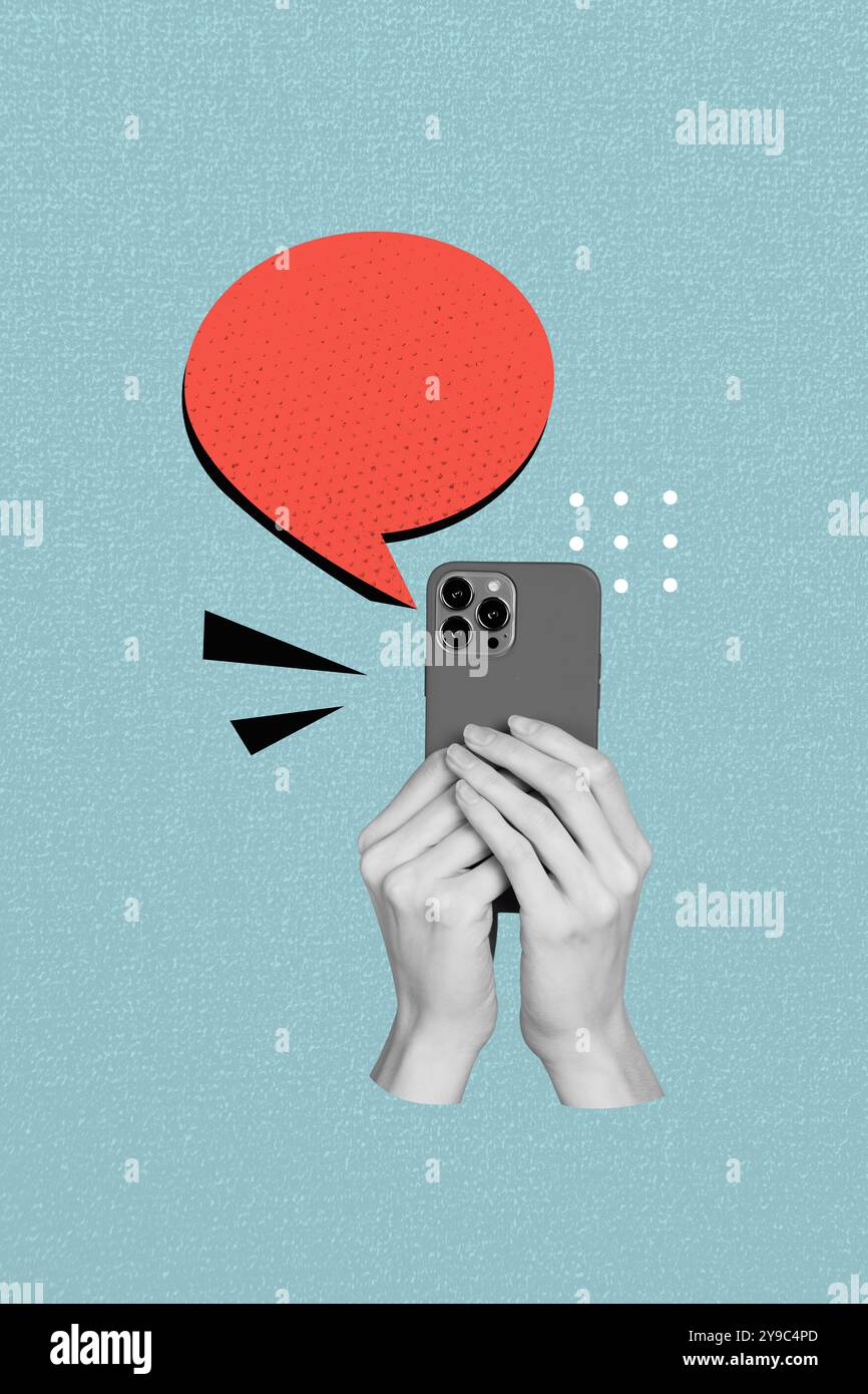 Vertical photo collage of hands hold phone device correspondence red ...