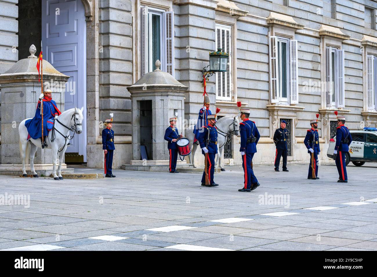 Madrid, Spain - October 5, 2024: Ceremonial unit performing the change of guard at the Royal ...