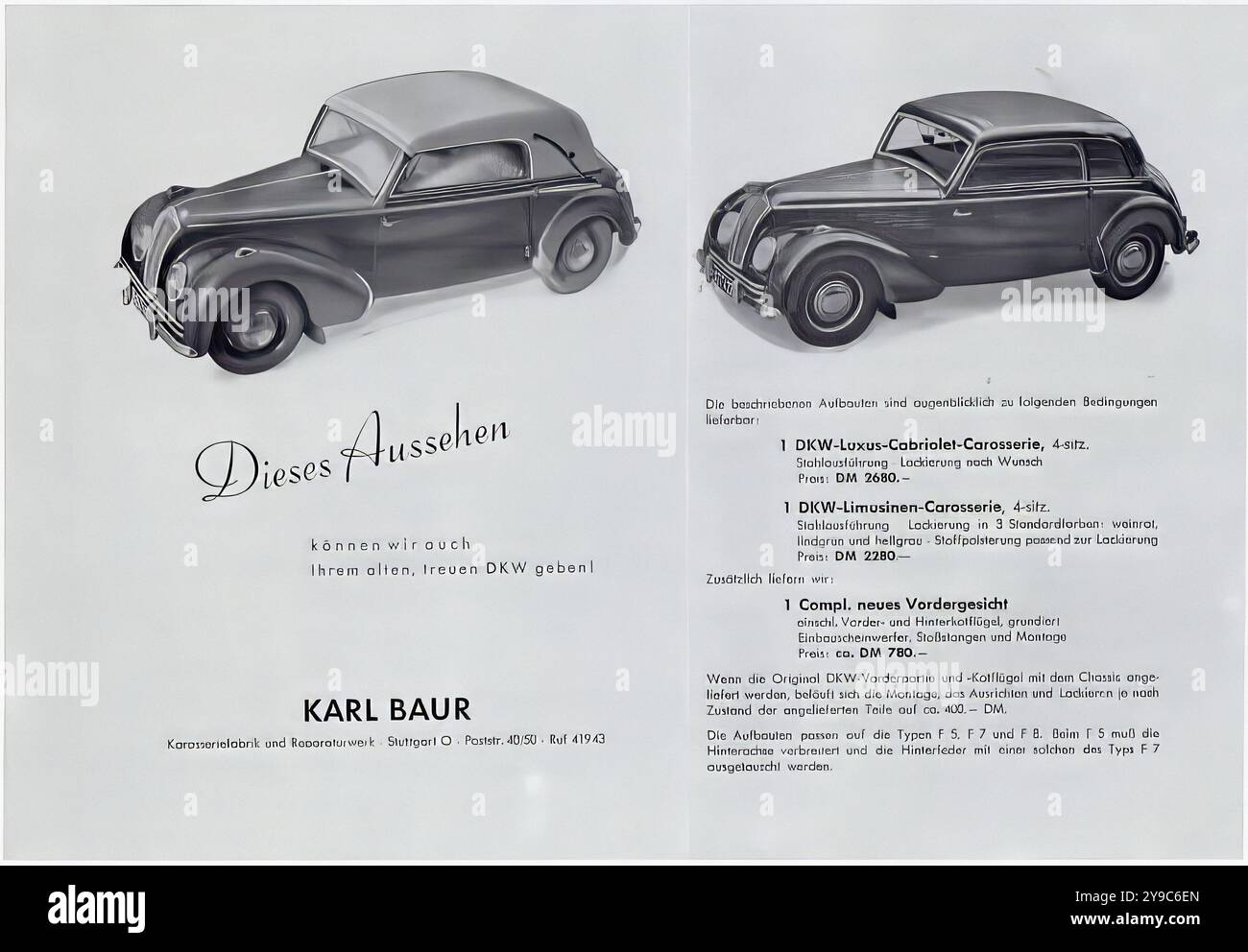 DKW F7-F8 Karl Baur (c.1950) - Vintage press car advertising Stock ...