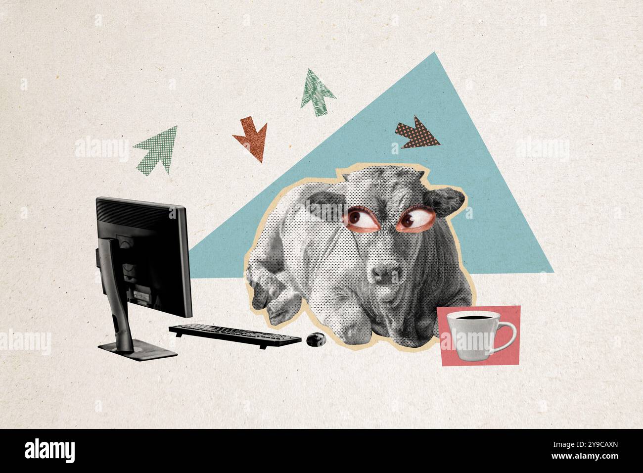 Composite photo collage of weird cow animal sit office workplace ...