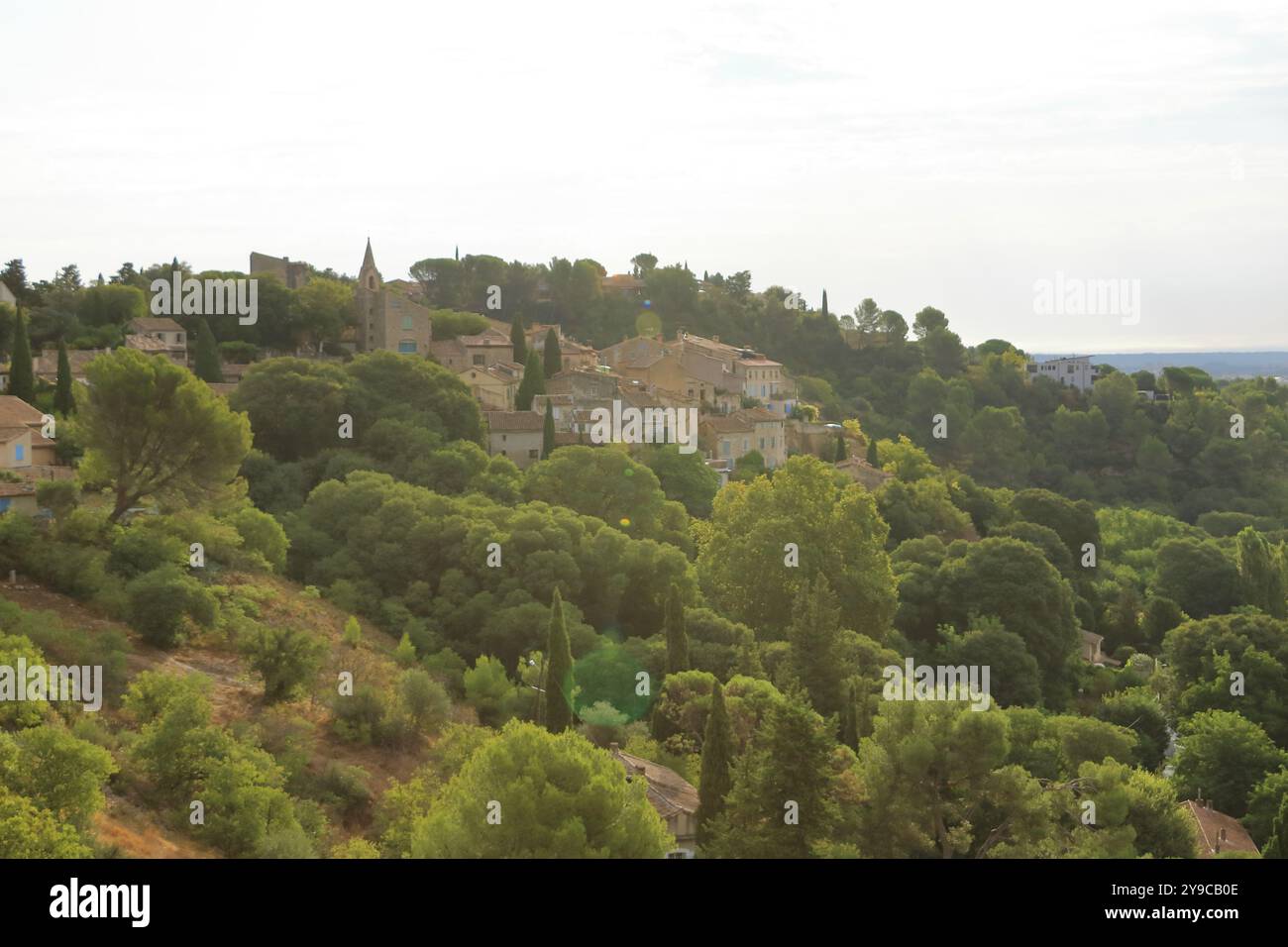 the view to the hilltop village Les Angles near Avigon, Provence ...