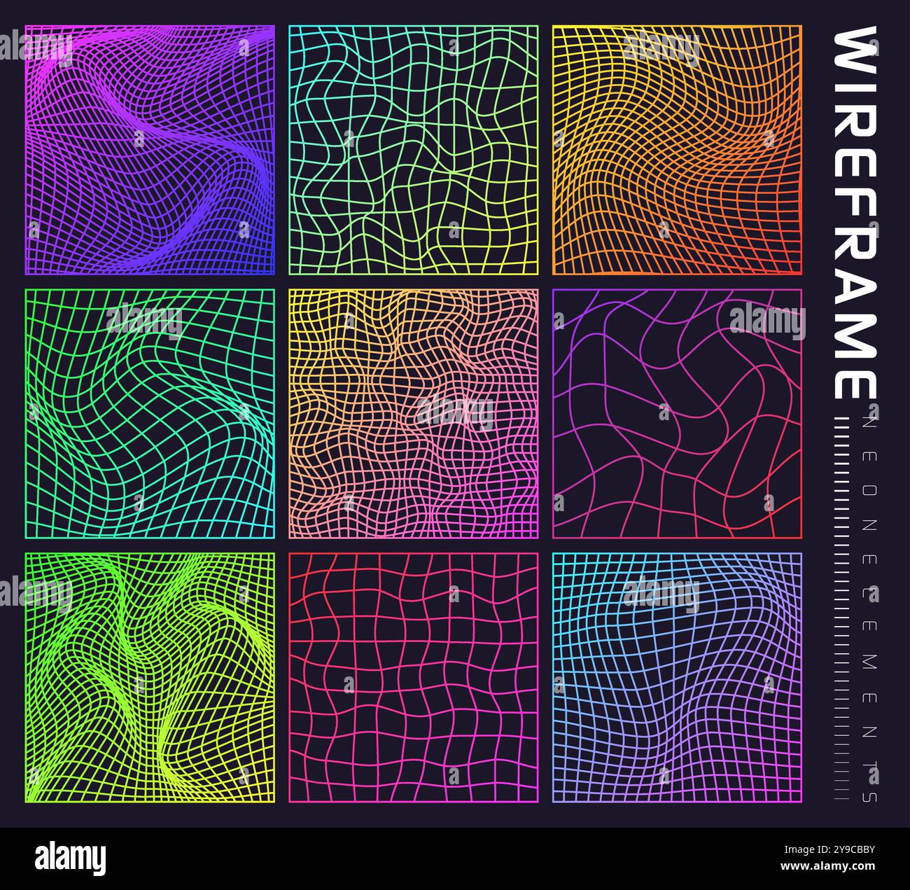 Colorful wireframe shapes, lined perspective mesh, 3d grid. Low poly ...