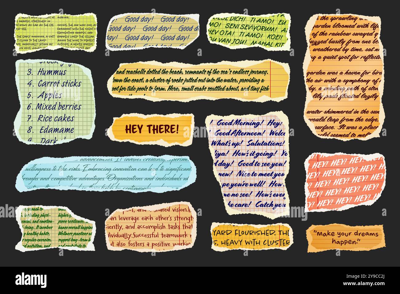 Ripped paper strips with handwritten text. Realistic crumpled paper ...