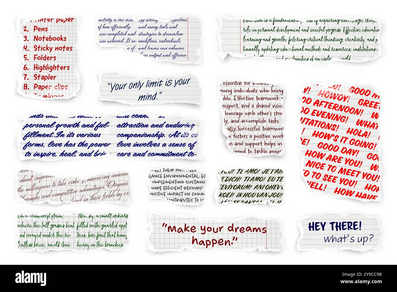 Ripped paper strips with handwritten text. Realistic crumpled paper ...