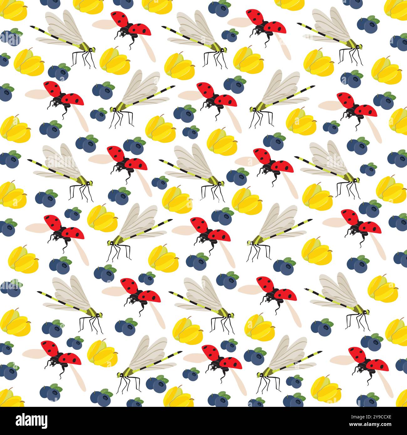 ladybug, dragonfly with fruit as a pattern background Stock Vector ...