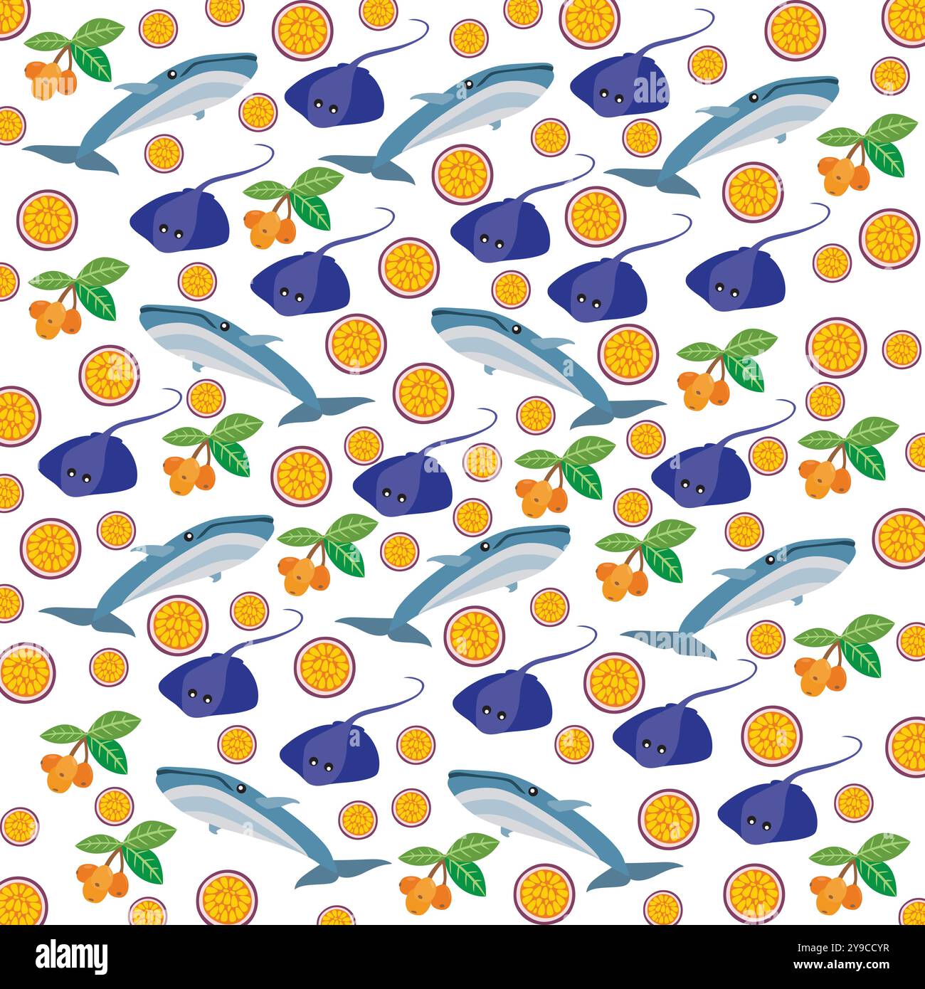 whale, Stingray with fruit as a pattern background Stock Vector Image ...