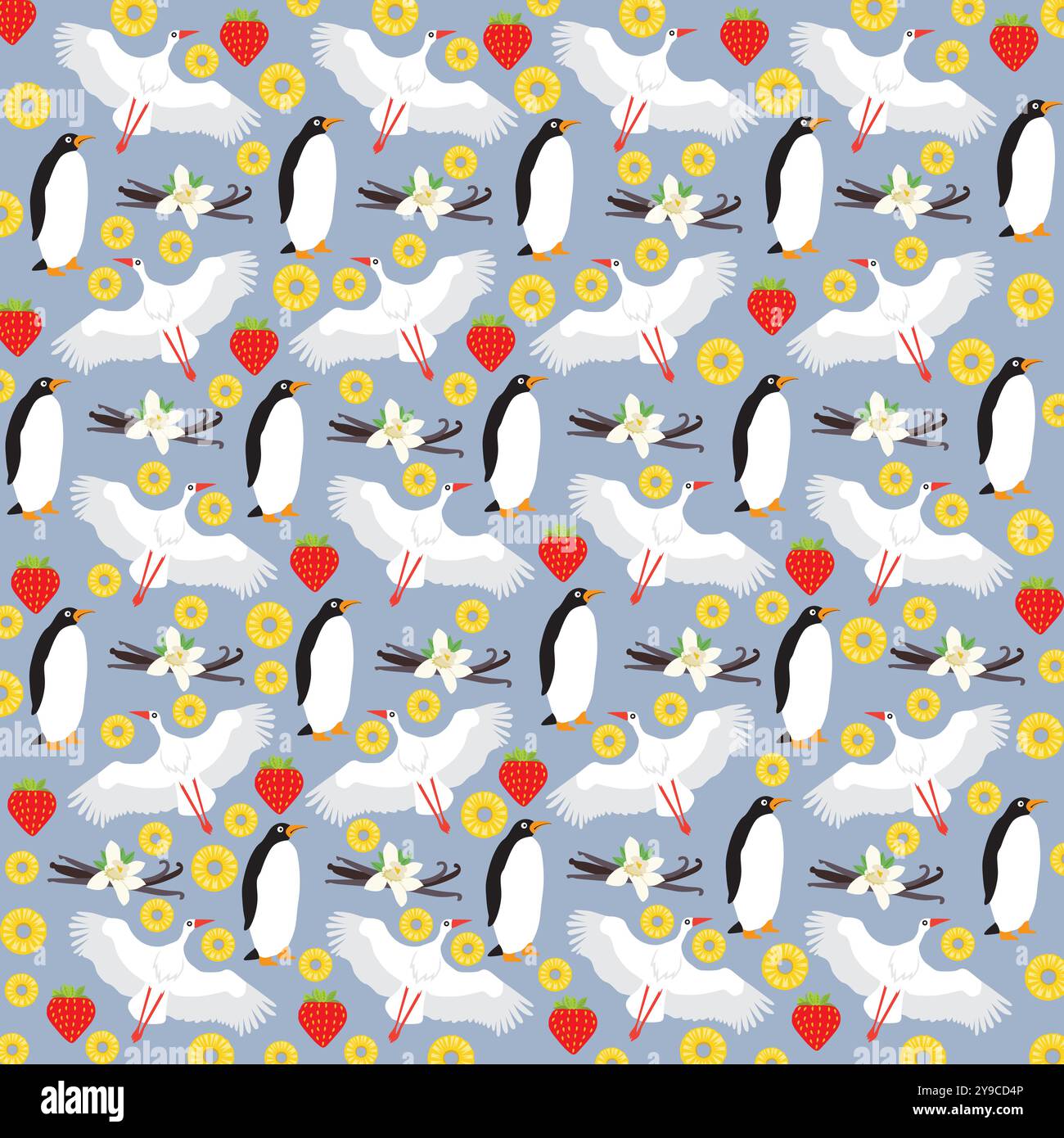 penguin, stork with vanilla and fruit as a pattern background Stock ...