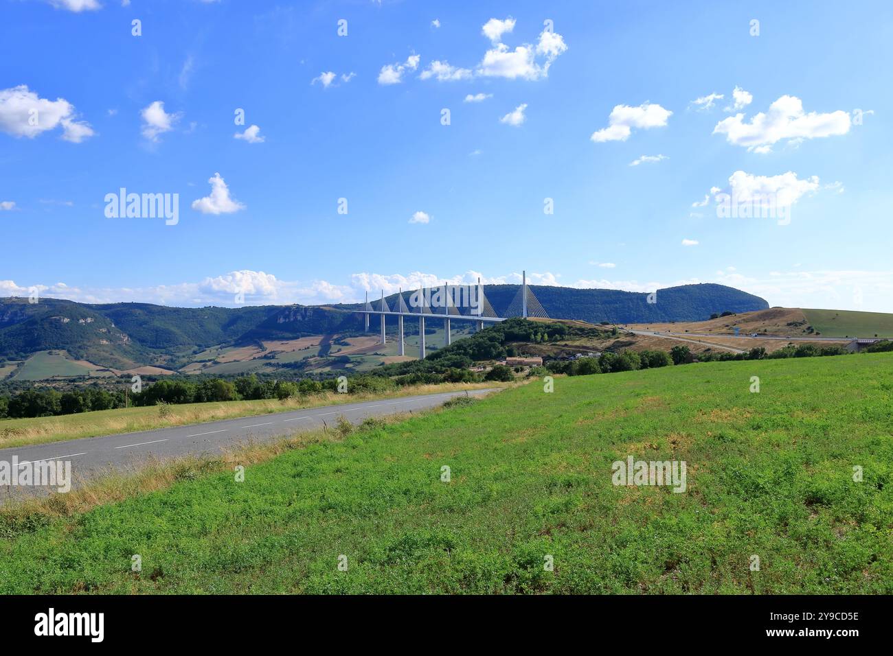 multispan cable stayed Millau Viaduct across gorge valley of Tarn River ...