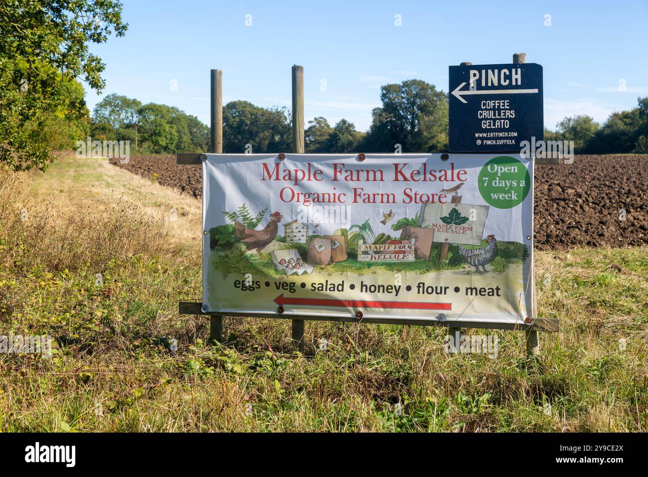 Banner sign for Maple Farm organic farm store shop, Kelsale, Suffolk ...