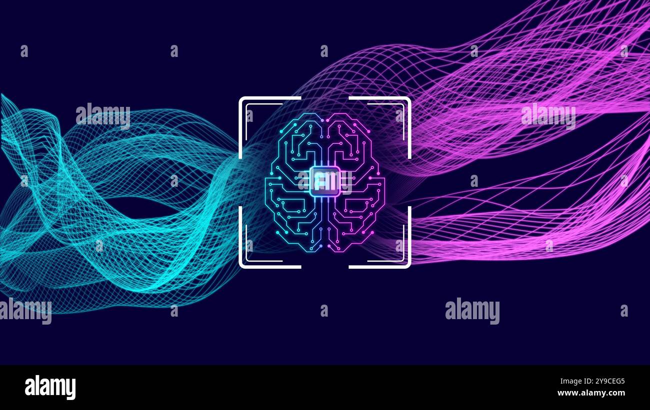Human Brain Symbolic For Ai Artificial Intelligence Centered Into Background Of Grid Waves