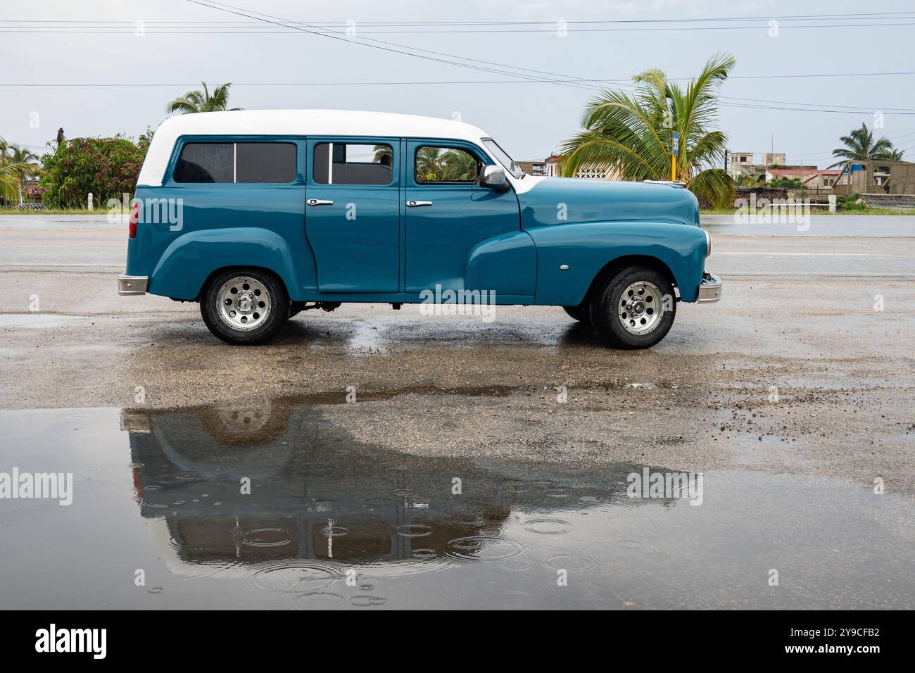 SANTA CRUZ DEL NORTE, CUBA - AUGUST 29, 2023: Side view of blue 1949 ...