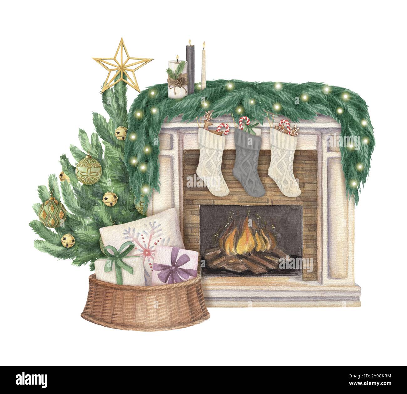 Cozy Christmas scene of fireplace and decorated Christmas tree. Hand ...